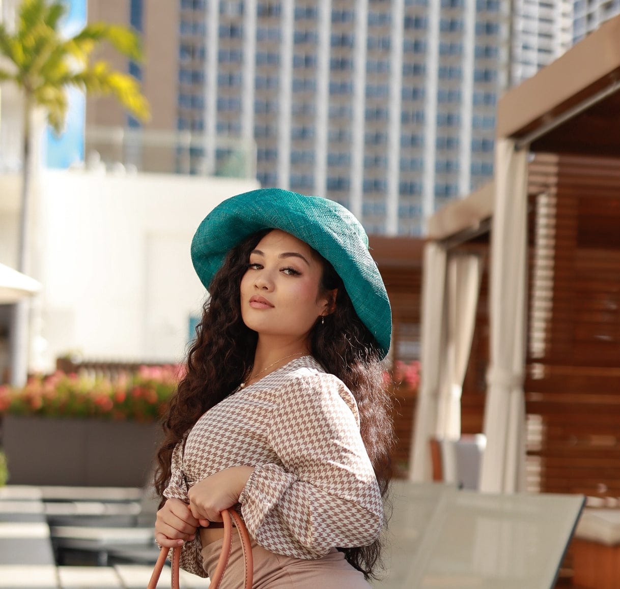 Shebobo Teal 7" Wide Brim Solid Color Packable Straw Sun Hat