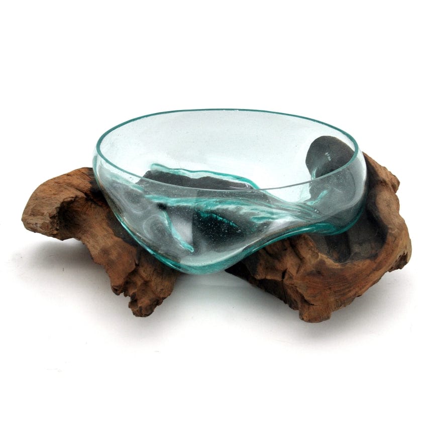 Large Driftwood Teak & Blown Glass Bowl