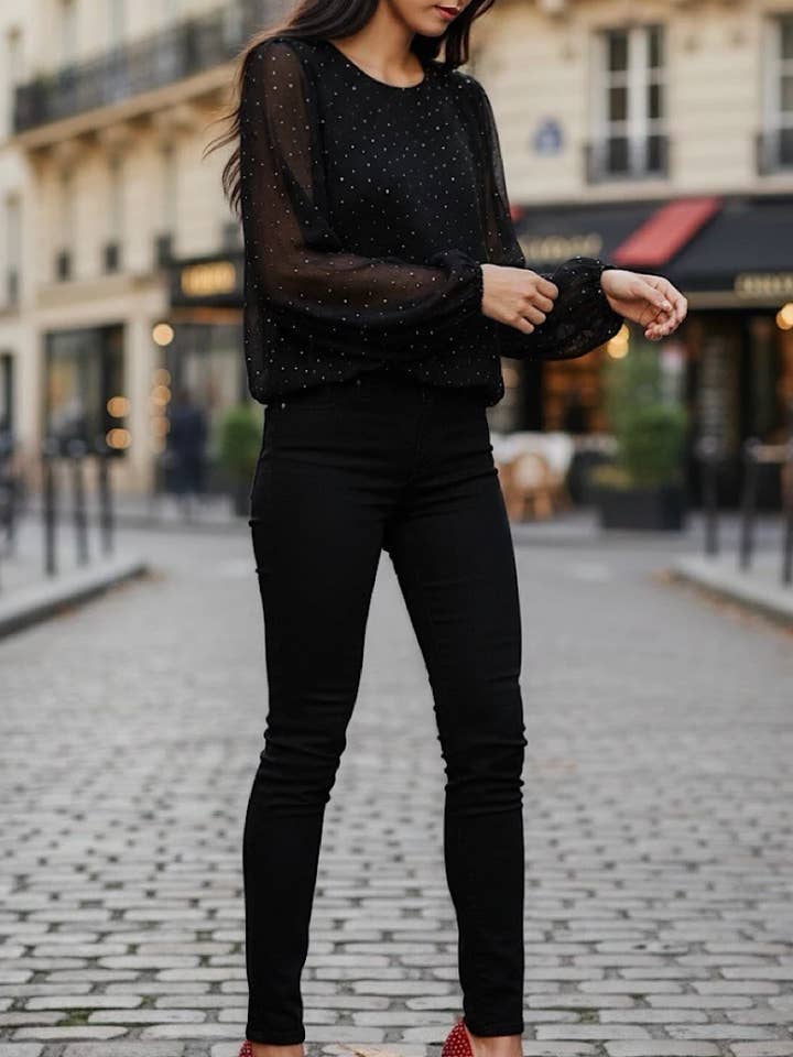 Italian Sheer Sparkle Mesh Sleeve Blouse in Black | Little Miss Muffin ...