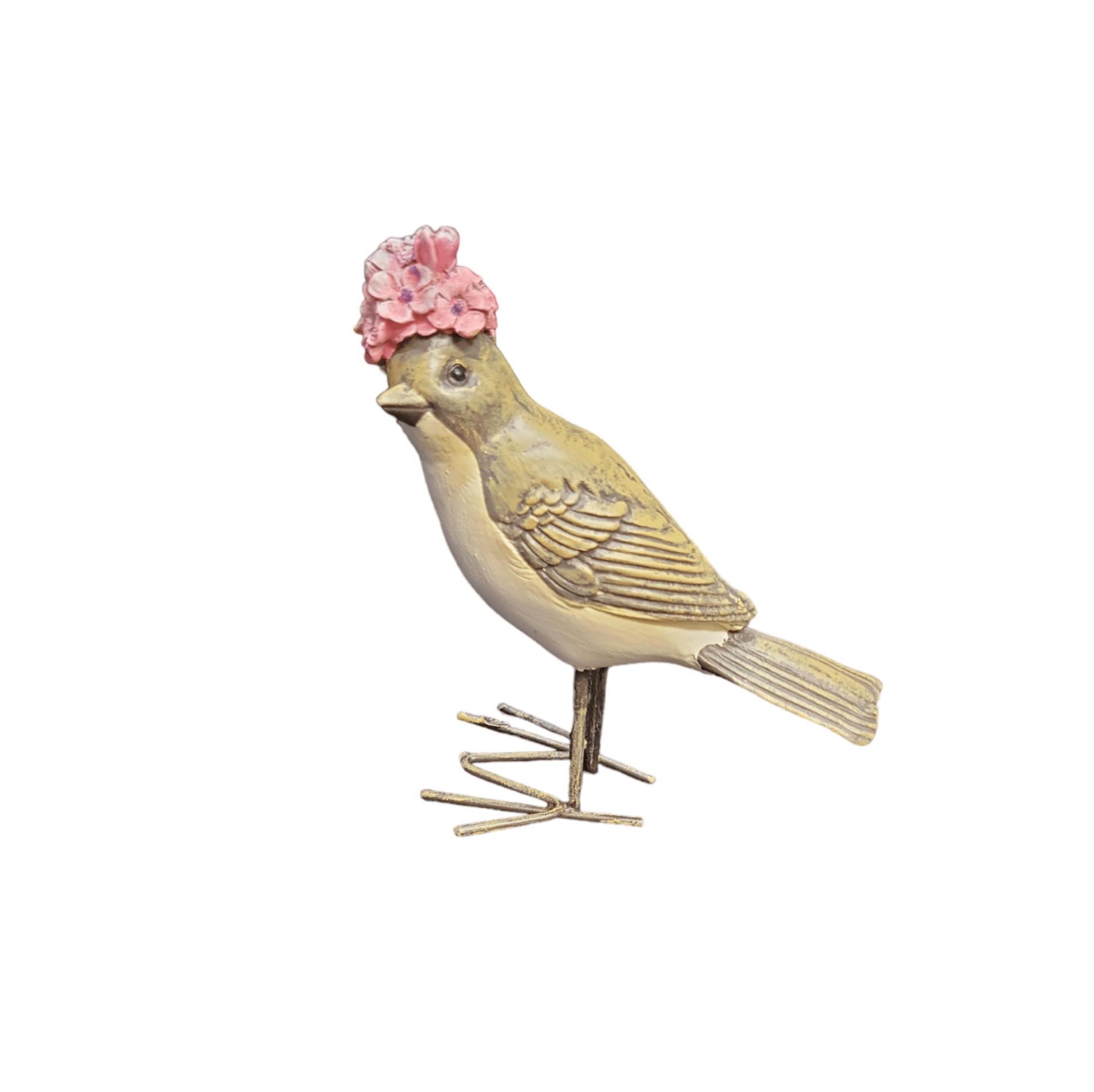 Resin Bird with Flower Hat and Metal Feet