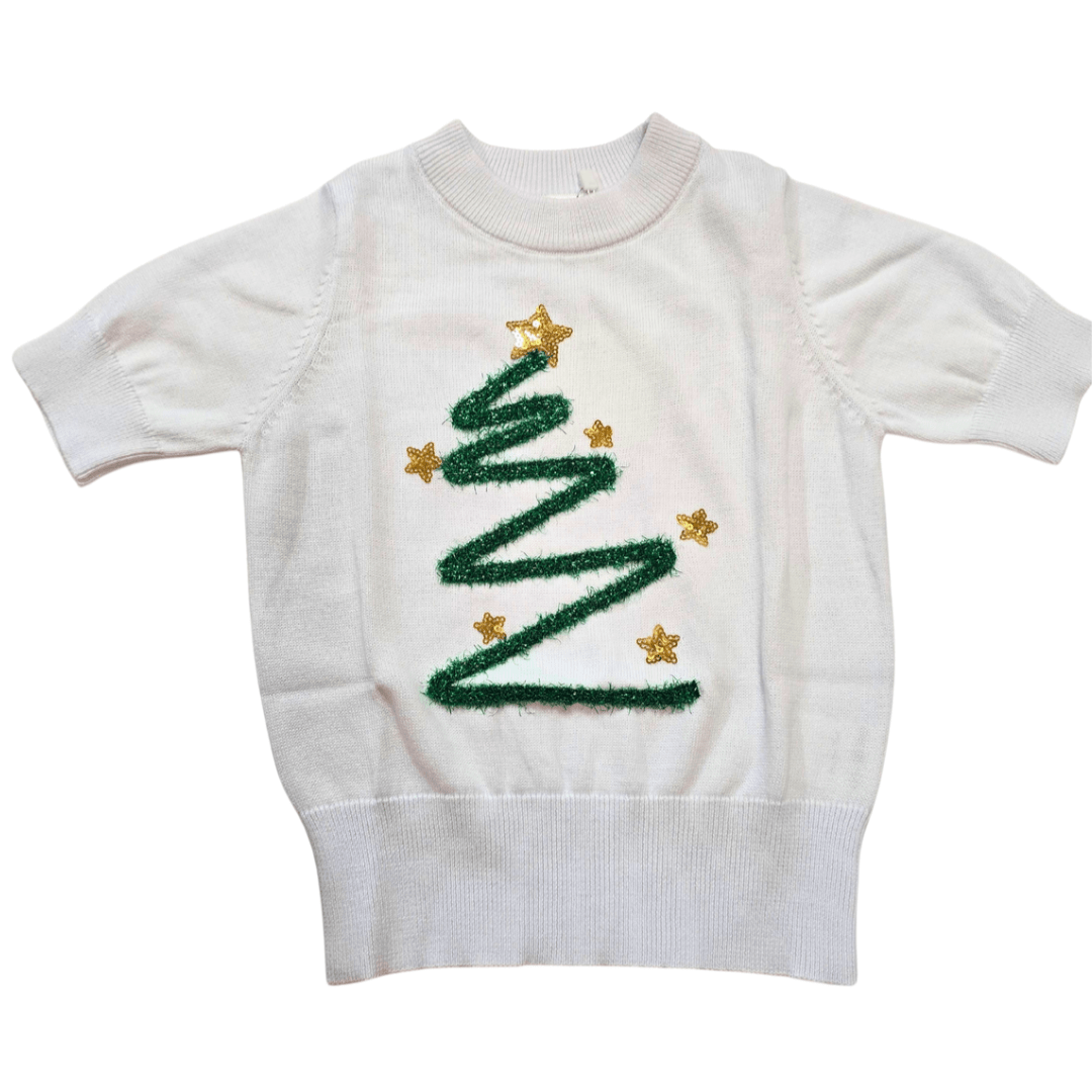 Short Sleeve White Christmas Tree Tinsel Top
