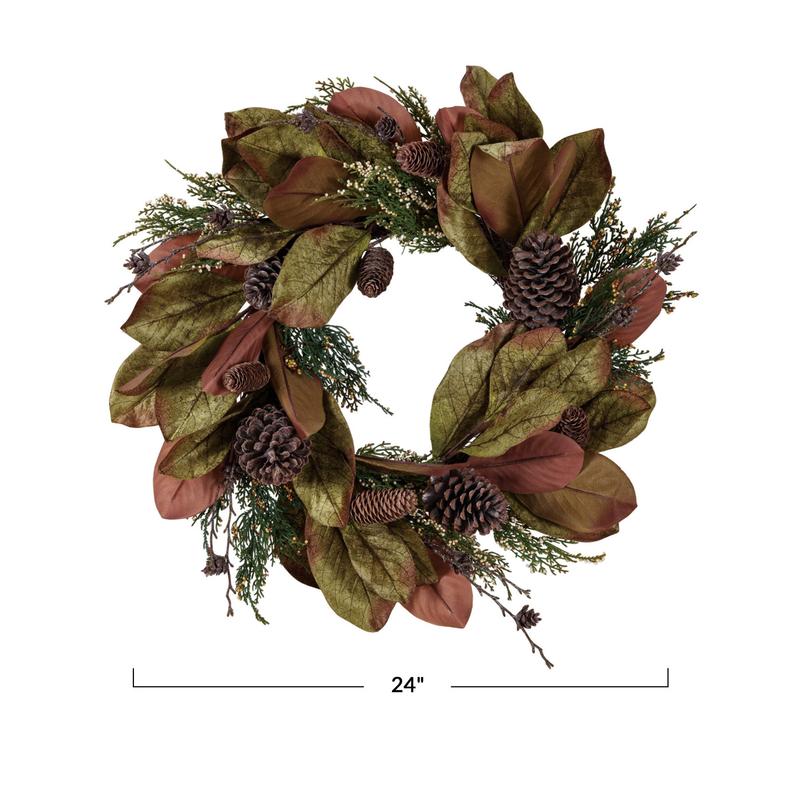 Creative Co-op Faux Magnolia & Juniper Wreath with Pinecones | Little ...