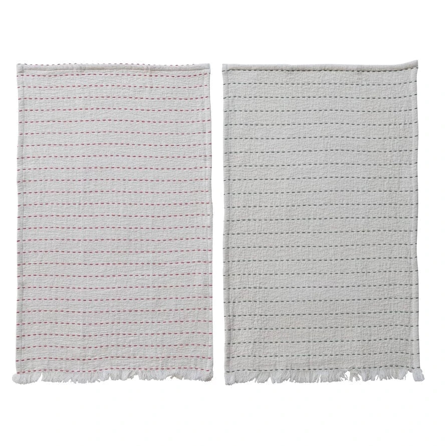 Tea Towel with Hand-Embroidered Kantha Stitch & Frayed Edges, 2 Colors