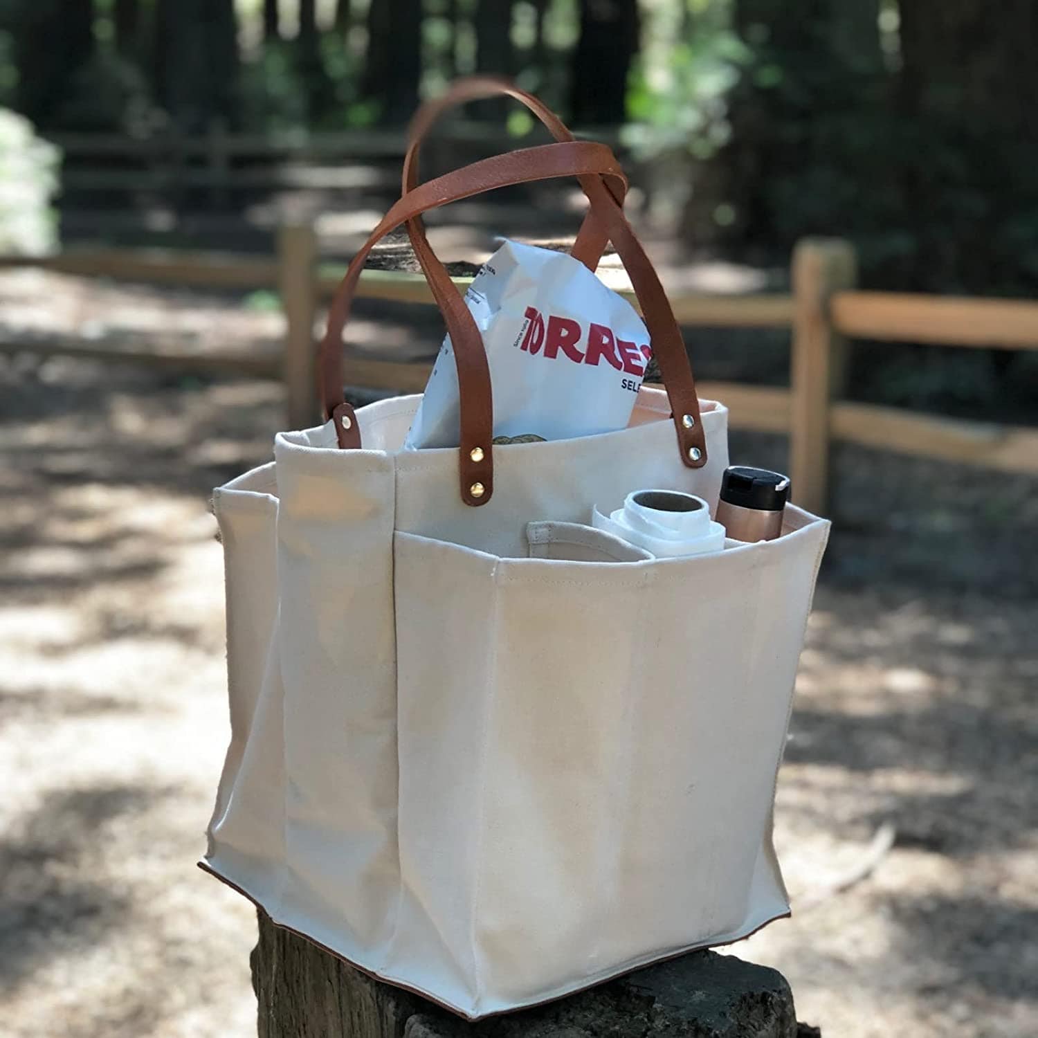 Natural Heavy Canvas Reusable Multi-Pocket Market Tote Bag with Brown